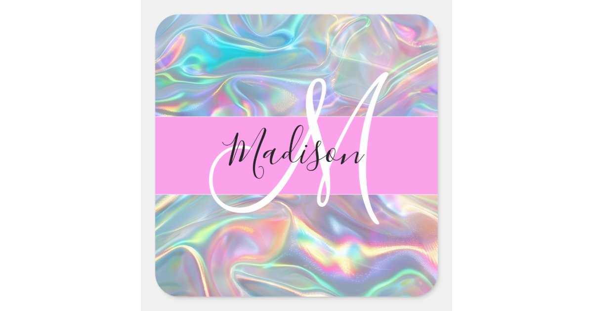 Girly Rainbow Holographic Iridescent Monogram Name Square Sticker | Zazzle