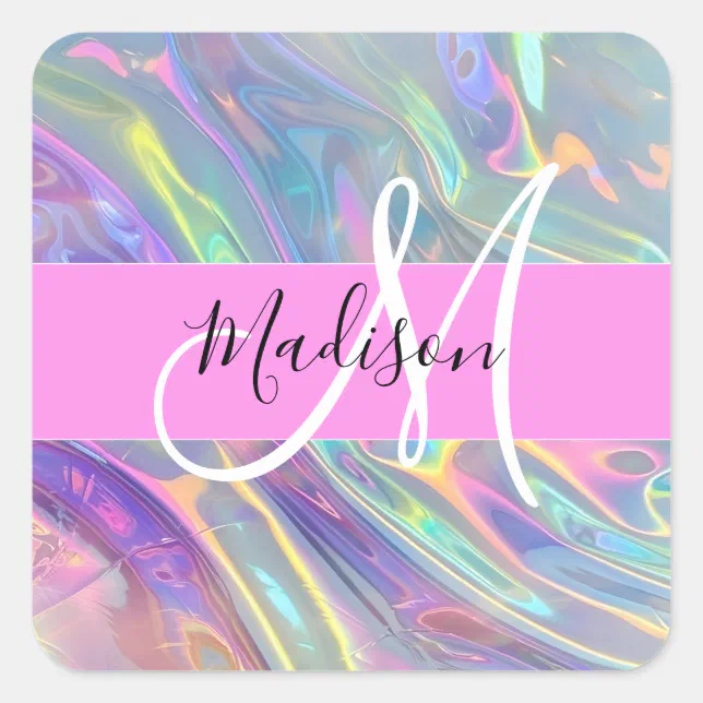 Girly Rainbow Holographic Iridescent Monogram Name Square Sticker | Zazzle