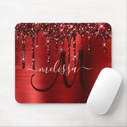 Girly Red Dripping Glitter Brush Metal Monogram Mouse Pad | Zazzle