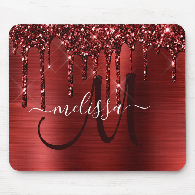 Girly Red Dripping Glitter Brush Metal Monogram Mouse Pad | Zazzle