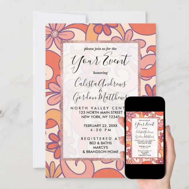 Girly Retro Pink Orange Groovy Flowers Invitation | Zazzle