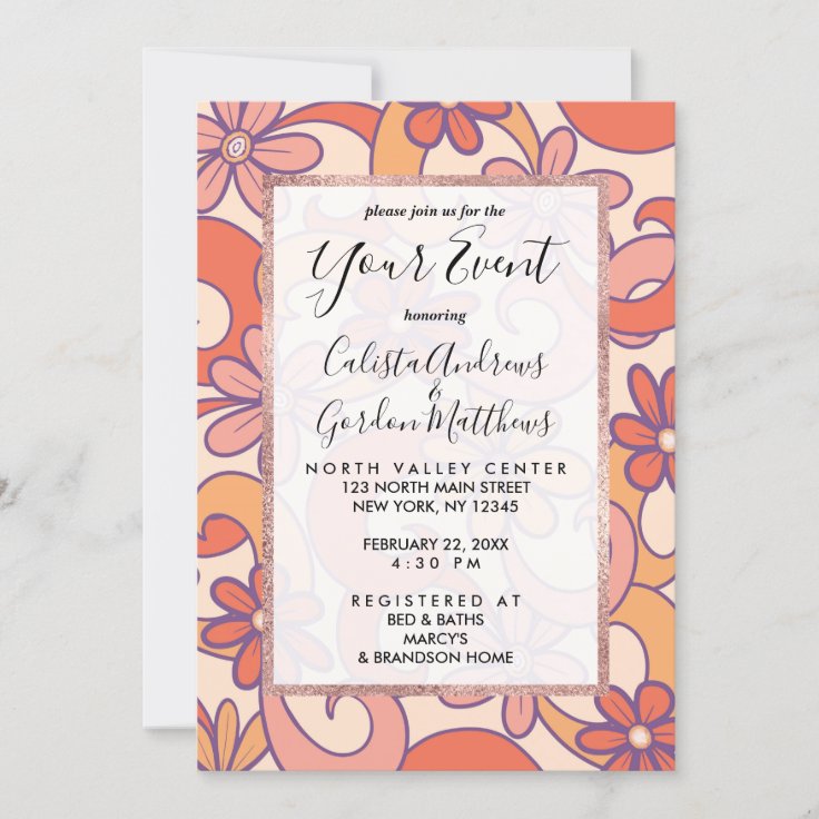 Girly Retro Pink Orange Groovy Flowers Invitation | Zazzle