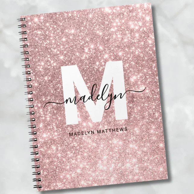 Girly Rose Gold Blush Pink Glitter Monogram Notebook | Zazzle