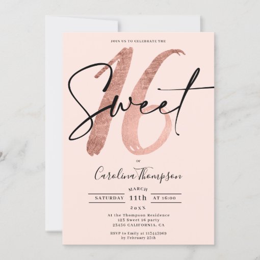 Girly rose gold border script photo Sweet 16 pink Invitation | Zazzle