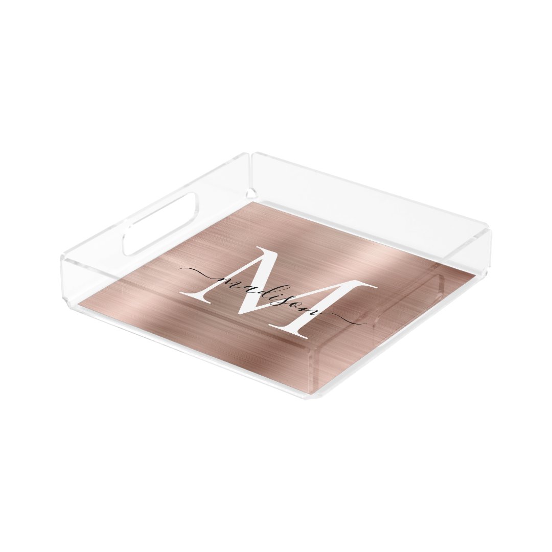 Girly Rose Gold Brushed Metal Monogram Script Name Acrylic Tray | Zazzle