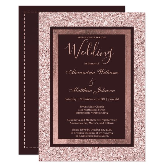Girly Rose Gold Burgundy Glitter Wedding Invitation