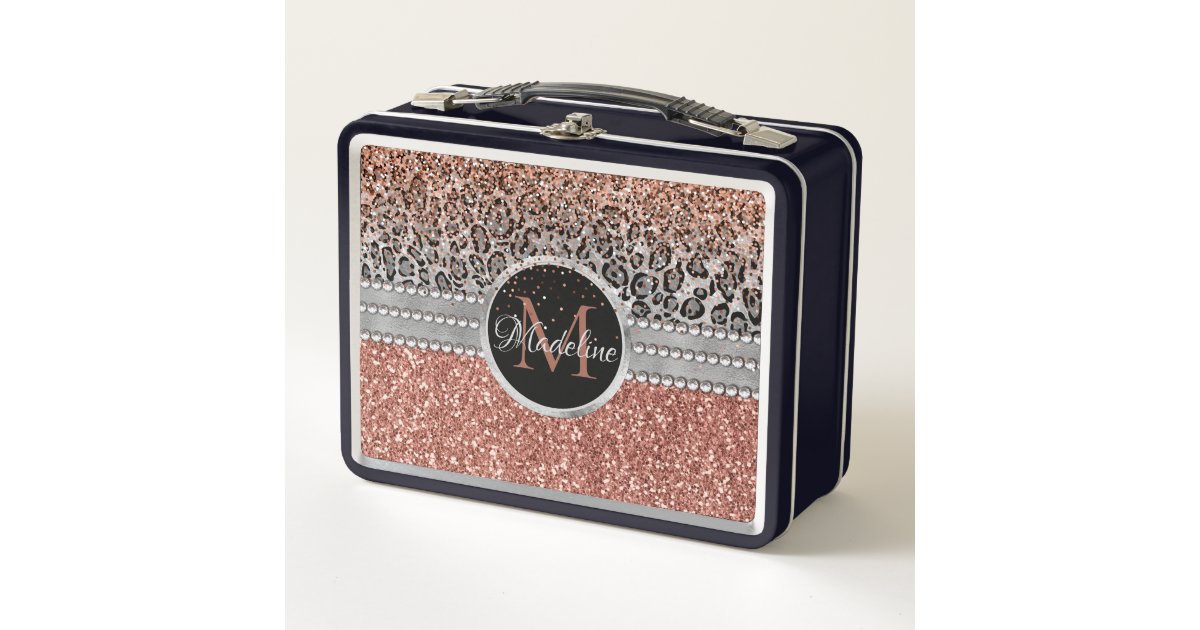 Girly Rose Gold Glitter Leopard Monogram Metal Lunch Box | Zazzle