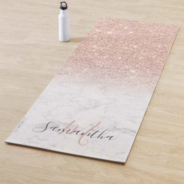 Girly rose gold glitter ombre marble monogrammed yoga mat | Zazzle