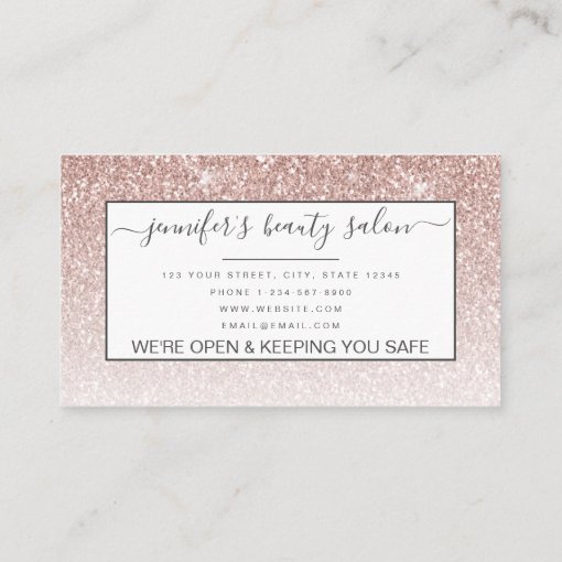 Girly Rose Gold Glitter Open COVID Makeup Hair Business Card | Zazzle