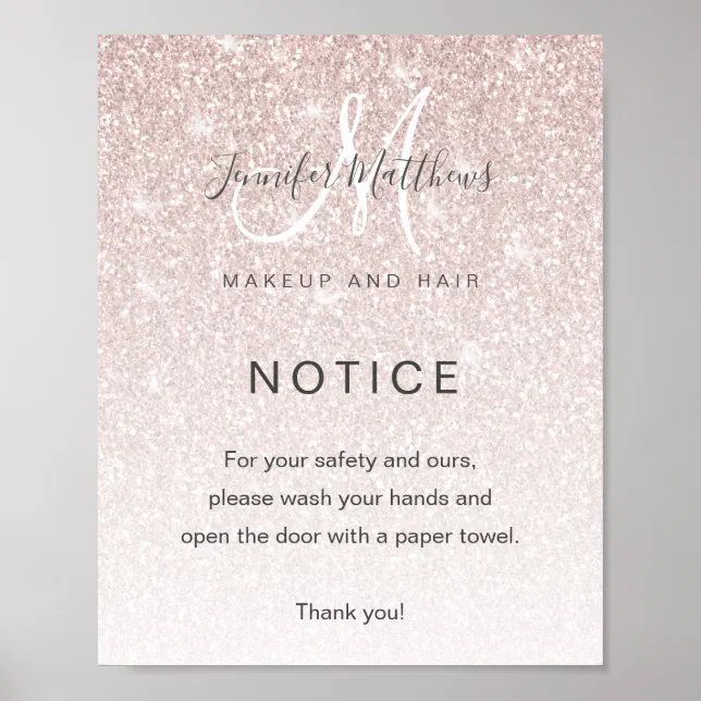 Girly Rose Gold Glitter Salon COVID19 Wash Hands Poster | Zazzle