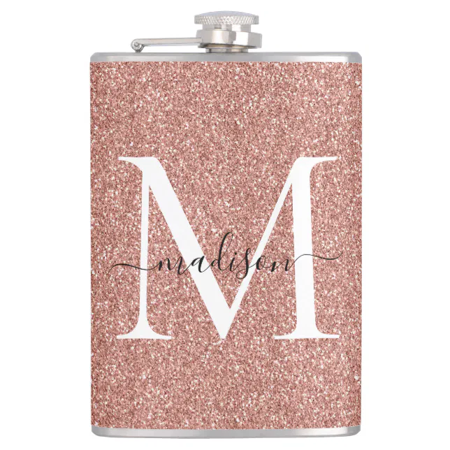 Girly Rose Gold Glitter Sparkle Stylish Monogram Flask | Zazzle