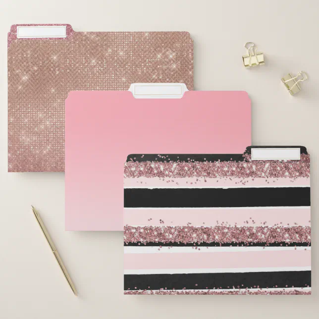 Girly Rose Gold Pink Black Glitter Stripes Pattern File Folder | Zazzle