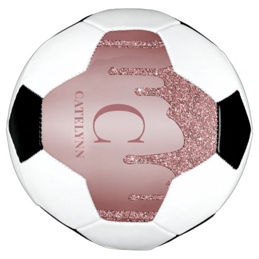 Girly Rose Gold Sparkle Dripping Glitter Monogram Soccer Ball | Zazzle