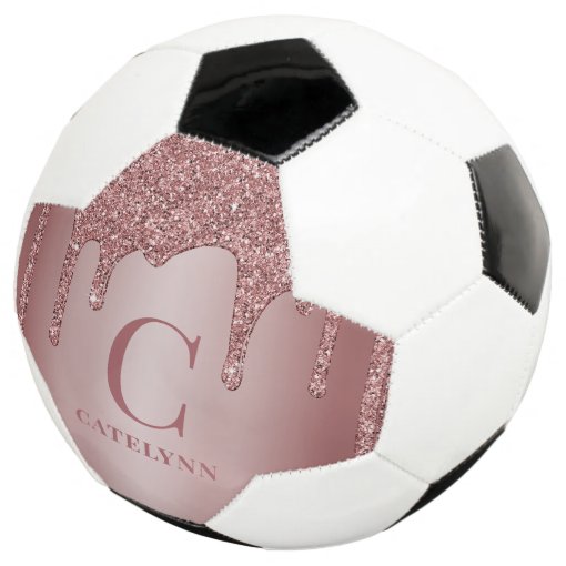 Girly Rose Gold Sparkle Dripping Glitter Monogram Soccer Ball | Zazzle