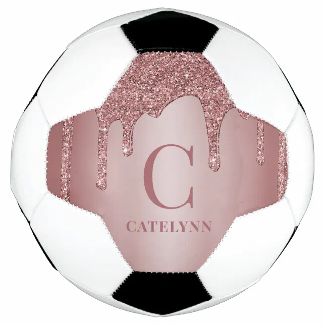 Girly Rose Gold Sparkle Dripping Glitter Monogram Soccer Ball | Zazzle