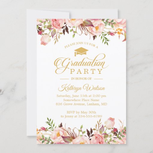 Girly Rustic Floral Gold Photo Graduation Party Invitation | Zazzle