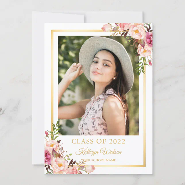 Girly Rustic Floral Gold Photo Graduation Party Invitation | Zazzle