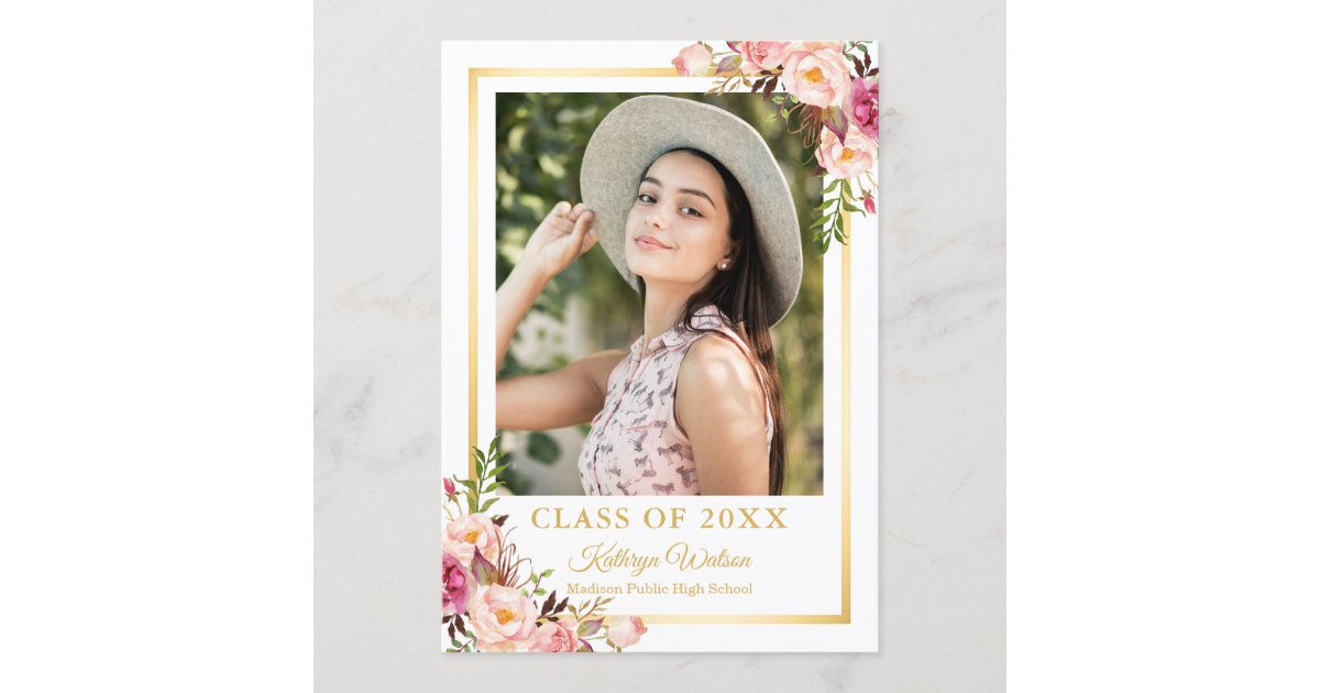 Girly Rustic Floral Gold Photo Graduation Party Invitation | Zazzle.com