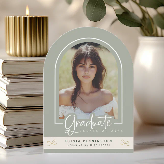 Girly Sage Gold Photo Graduation Announcement | Zazzle