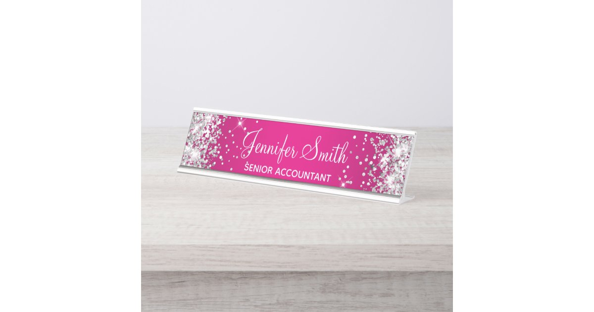 Girly Silver Glitter Hot Pink Gradient Desk Name Plate | Zazzle