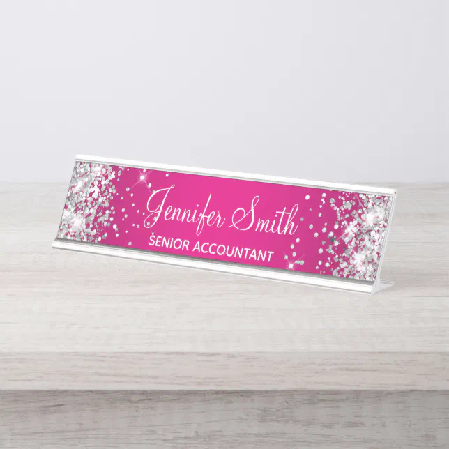 Girly Silver Glitter Hot Pink Gradient Desk Name Plate | Zazzle