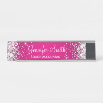 Girly Silver Glitter Hot Pink Gradient Desk Name Plate | Zazzle