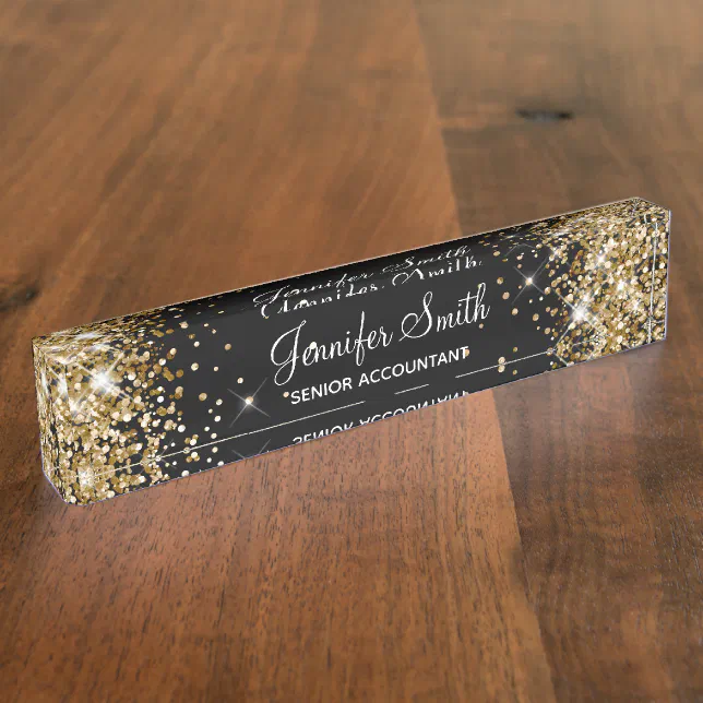 Girly Sparkly Gold Glitter Black Desk Name Plate | Zazzle