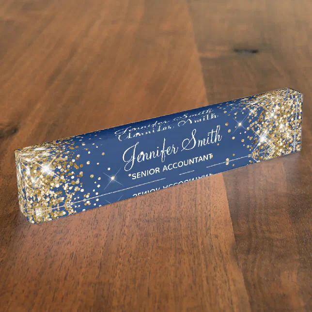 Girly Sparkly Gold Glitter Navy Blue Desk Name Plate | Zazzle