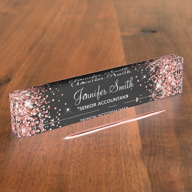 Girly Sparkly Rose Gold Glitter Black Desk Name Plate | Zazzle