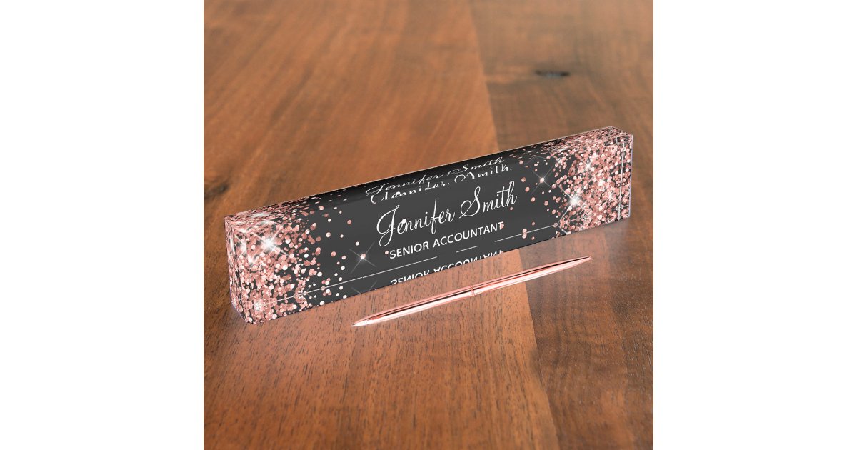 Girly Sparkly Rose Gold Glitter Black Desk Name Plate | Zazzle