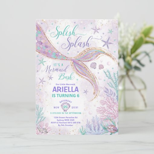 Girly Splish Splash Mermaid Birthday Bash Party Invitation | Zazzle