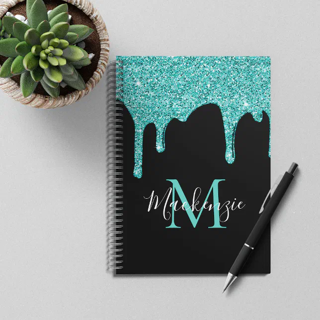 Girly Teal Aqua Sparkle Glitter Drips Monogram Notebook | Zazzle