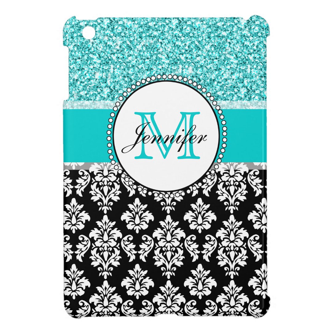 Girly, Teal, Glitter Black Damask Personalized iPad Mini Case | Zazzle