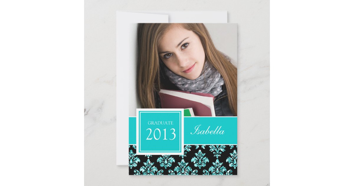 GIRLY TEAL GLITTER DAMASK GRAD PHOTO INVITATION | Zazzle