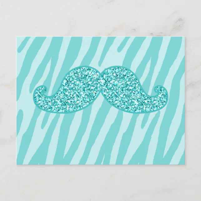 GIRLY TEAL GLITTER MUSTACHE ZEBRA STRIPES POSTCARD | Zazzle