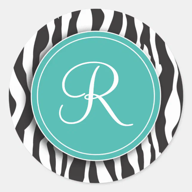 Girly Teal Monogram Zebra Print Stickers | Zazzle
