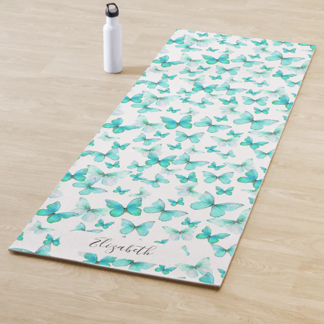 Girly Teal Pastel Butterflies Customized Yoga Mat | Zazzle