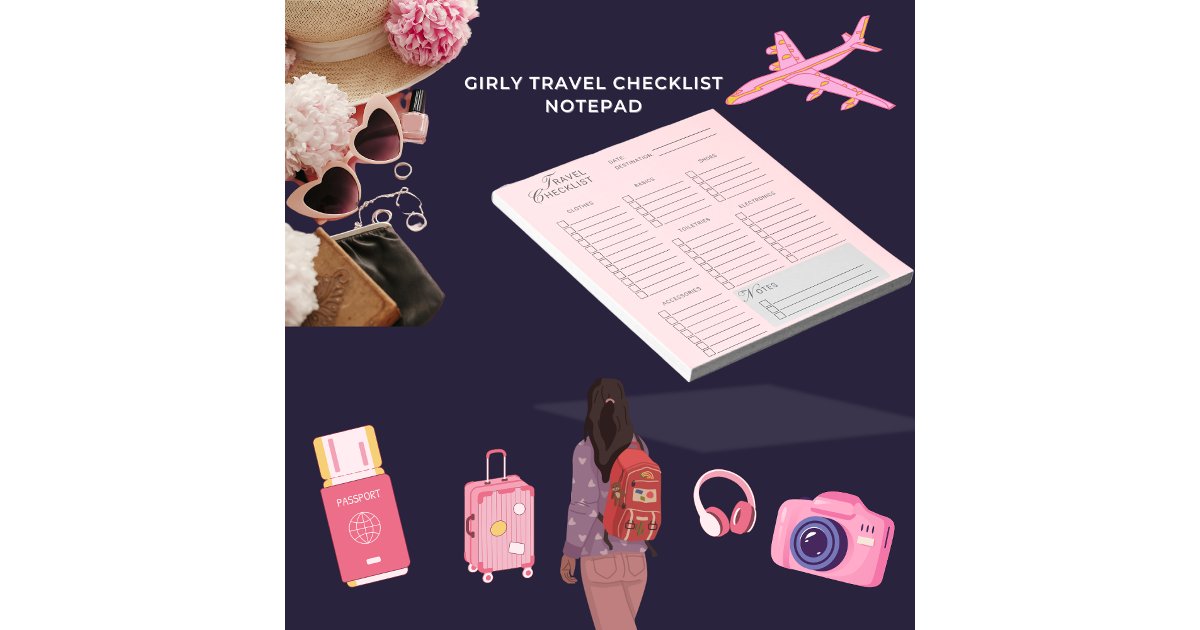 Girly Travel Checklist Pink Aesthetic Notepad | Zazzle