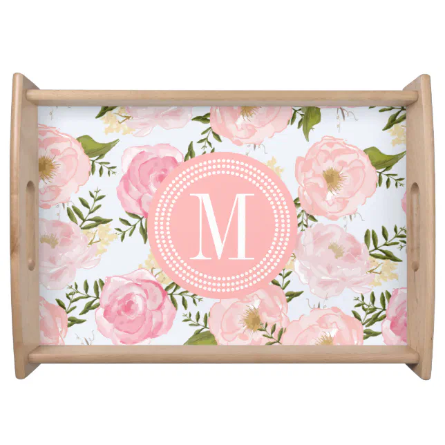 Girly Vintage Floral Pink Roses Peony Personalized Serving Tray | Zazzle