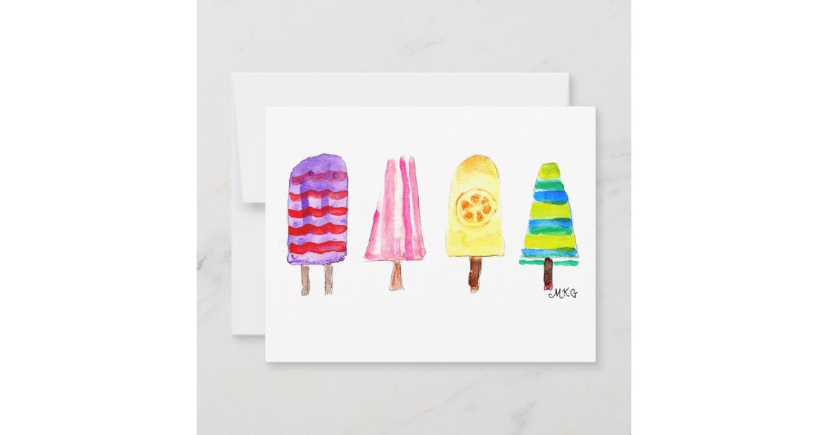 Girly Watercolor Popsicles Hand-Drawn Note Cards | Zazzle