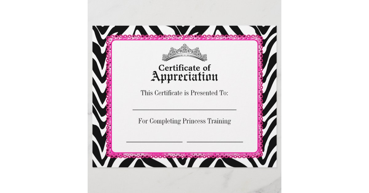 Girly Zebra Pink Lace and Tiara Certificate | Zazzle