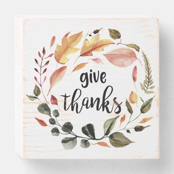 Give Thanks calligraphy Thanksgiving Fall Wreath Wooden Box Sign | Zazzle