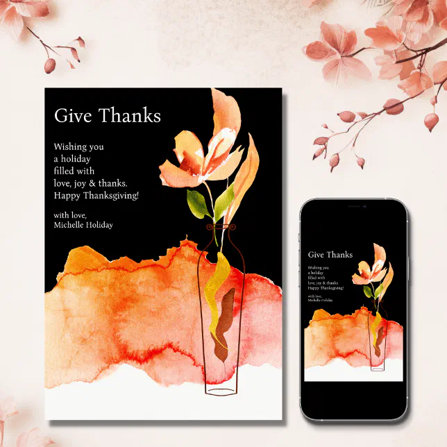 Give Thanks - Modern Flower and Vase Thanksgiving Holiday Card | Zazzle