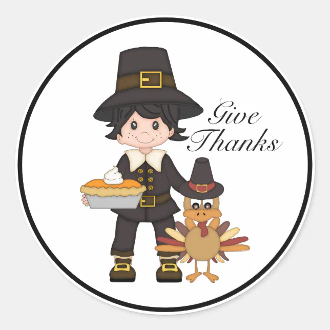 Give Thanks Pilgrim and Turkey Classic Round Sticker | Zazzle