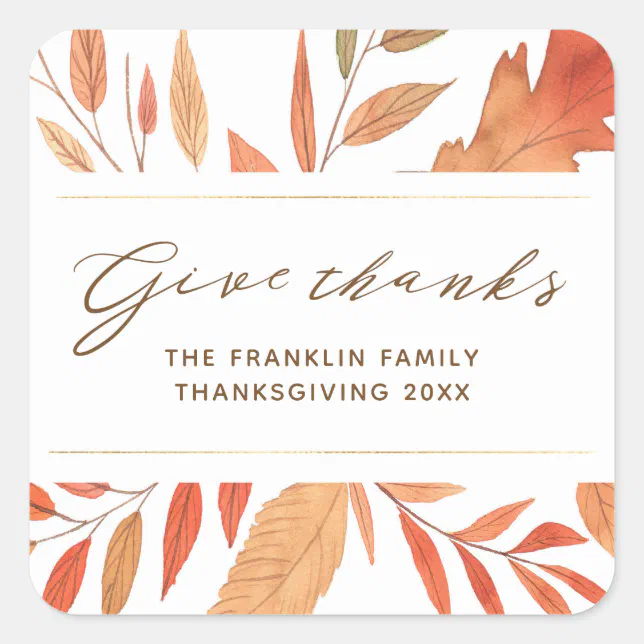 Give Thanks Rustic Autumn Leaves Thanksgiving Square Sticker | Zazzle