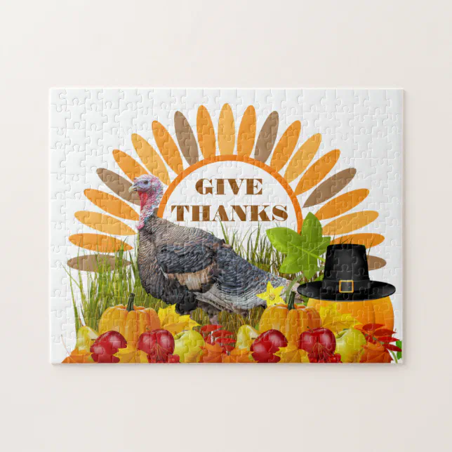 Give Thanks Thanksgiving Turkey, Pumpkins Holiday Jigsaw Puzzle | Zazzle