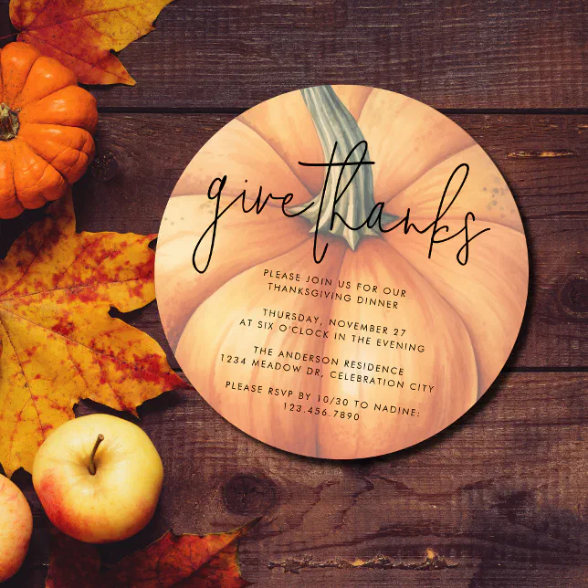 Give Thanks Unique Watercolor Pumpkin Thanksgiving Invitation | Zazzle
