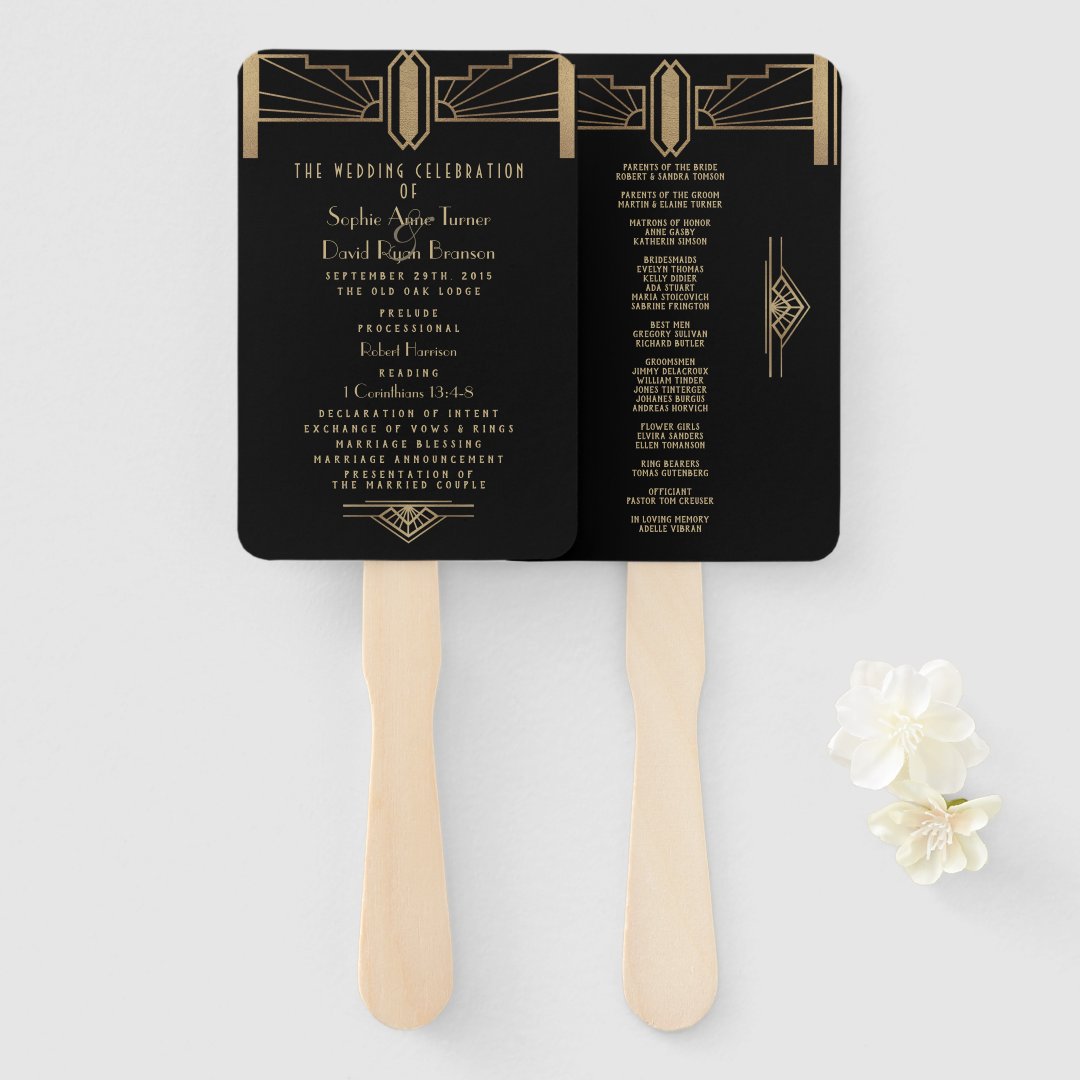 Glam 20's Great Gatsby Art Deco Wedding Program Hand Fan | Zazzle
