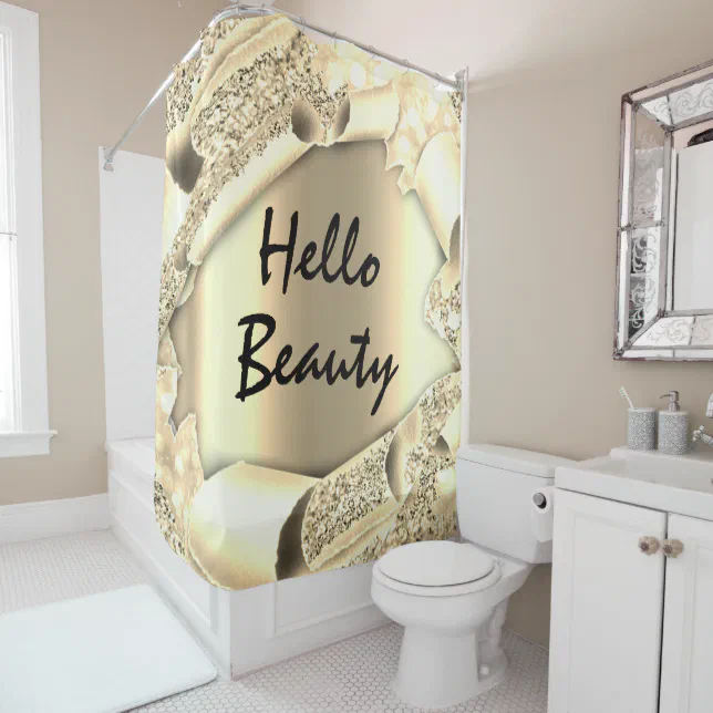 Glam 3D Frame FAUX Gold SPARK HELLO Girly Shower Curtain | Zazzle