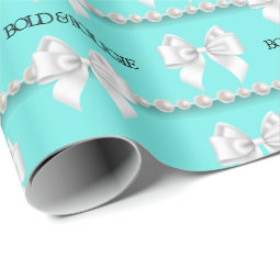 Glam Aqua Tiffany Theme Bougie White Bow Pearls Wrapping Paper | Zazzle